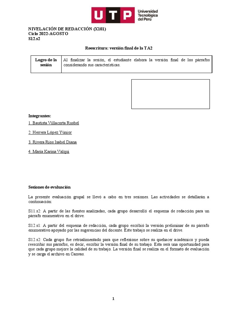 S12.s2 - Reescritura. Versión Final de La TA2 (Formato UTP) | PDF | La violencia contra las ...