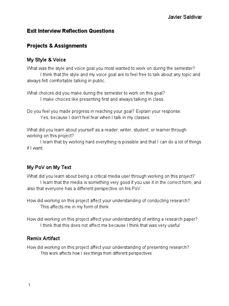 Exit Interview Reflection Questions 1 1 | PDF | Learning | Cognition