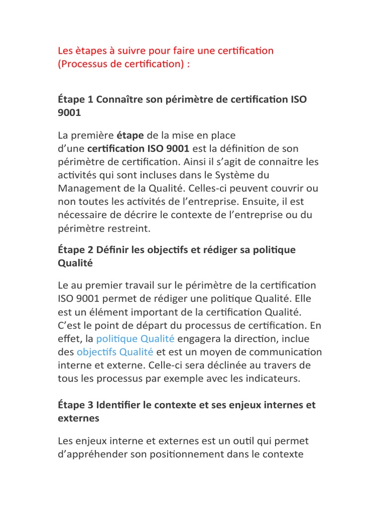 Les Ètapes À Suivre Pour Faire Une Certification | PDF | Système de management de la qualité ...