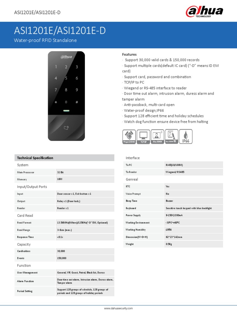 Fisa Tehnica Cititor de Proximitate Standalone Dahua ASI1201E RFID ...