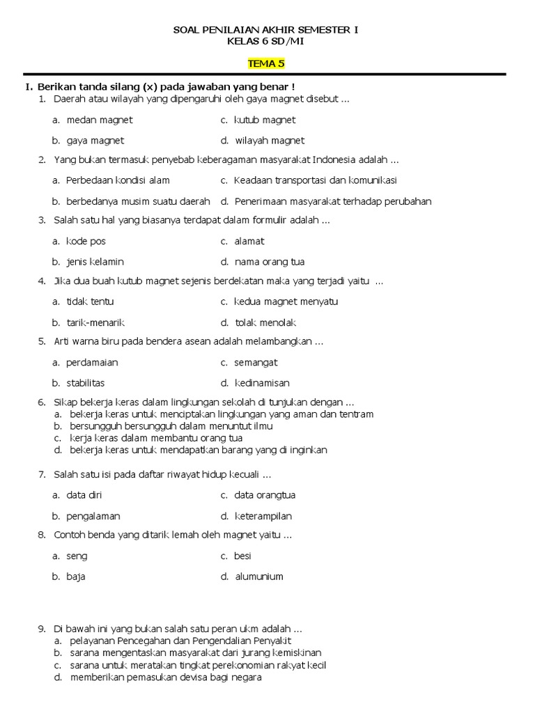 Soal PAS Kelas 6 Sem 1 Tema 5 - Kamimadrasah | PDF