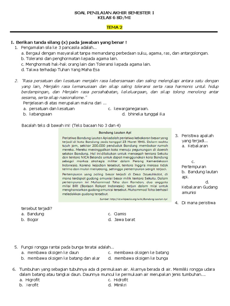 Soal PAS Kelas 6 Sem 1 Tema 2 - Kamimadrasah | PDF
