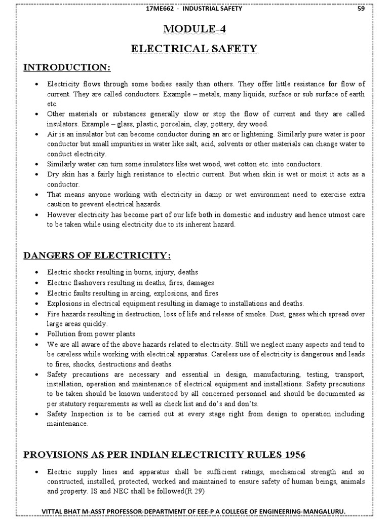 Module-4 Electrical Safety: Vittal Bhat M-Asst Professor-Department of ...