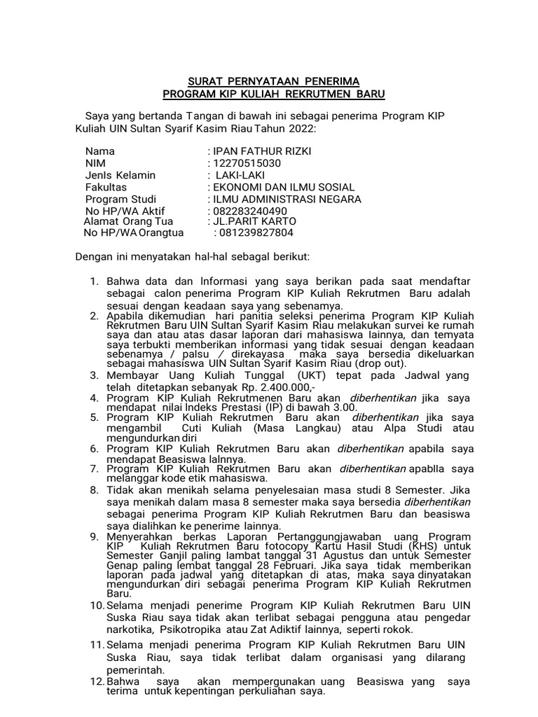 Surat Pernyataan Penerima Kip-K | PDF