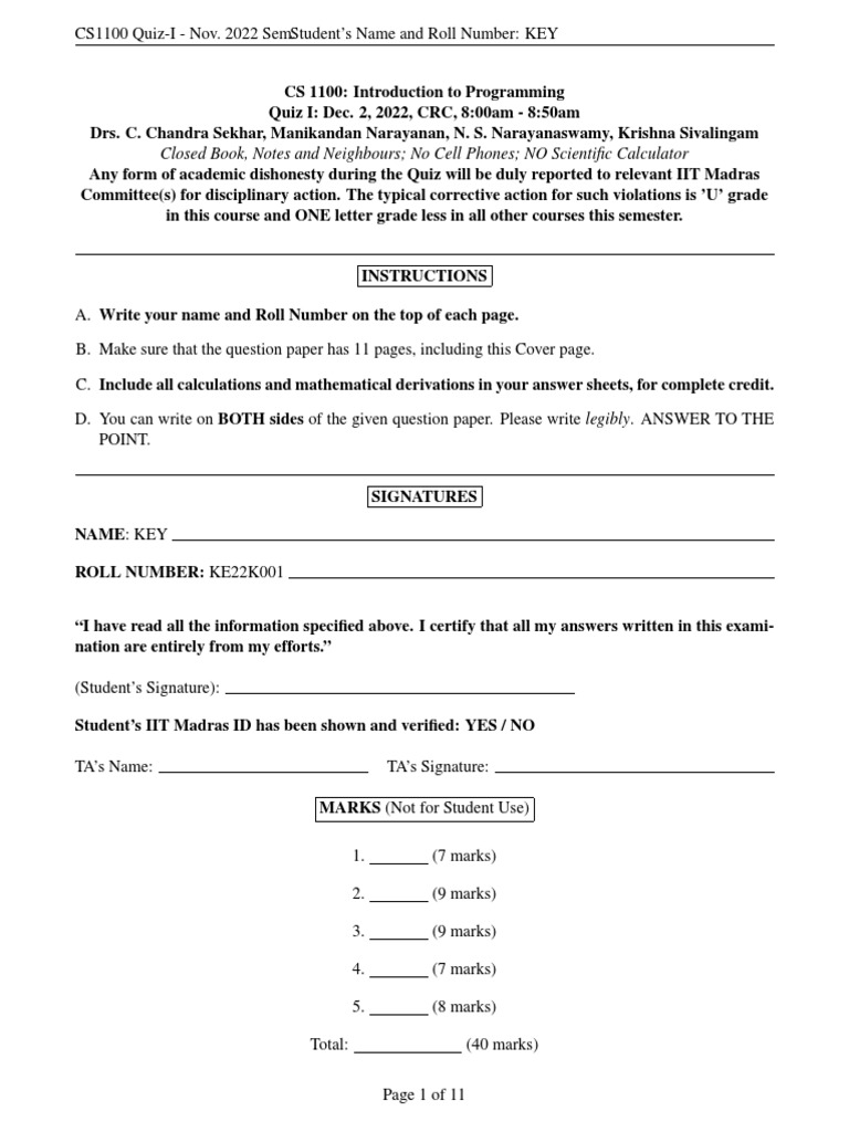 CS1100 Programming Quiz Guide | PDF | Integer (Computer Science) | Arithmetic