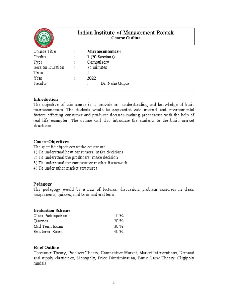 Course Outline Microeconomics-I | PDF | Microeconomics | Market (Economics)