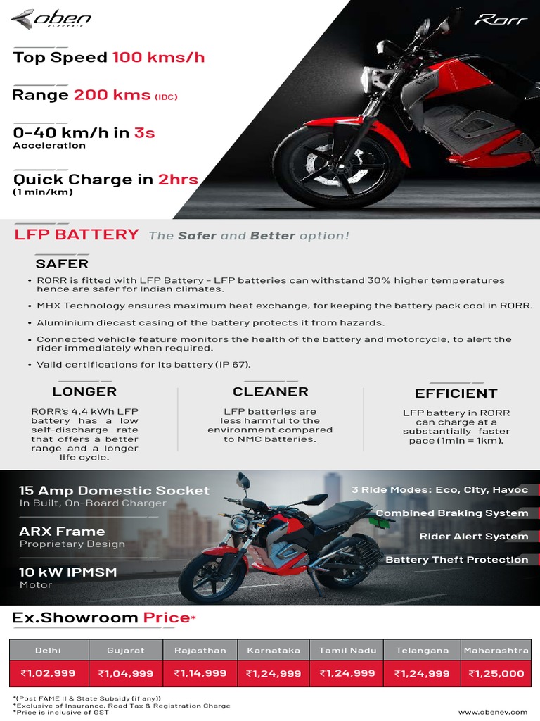 Oben Electric Rorr Brochure | PDF | Technology & Engineering