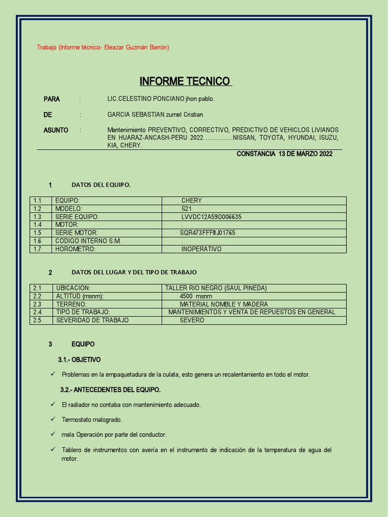 Trabajo de Informe Tecnico GARCIA | PDF | Vehículos | Vehículos de ruedas