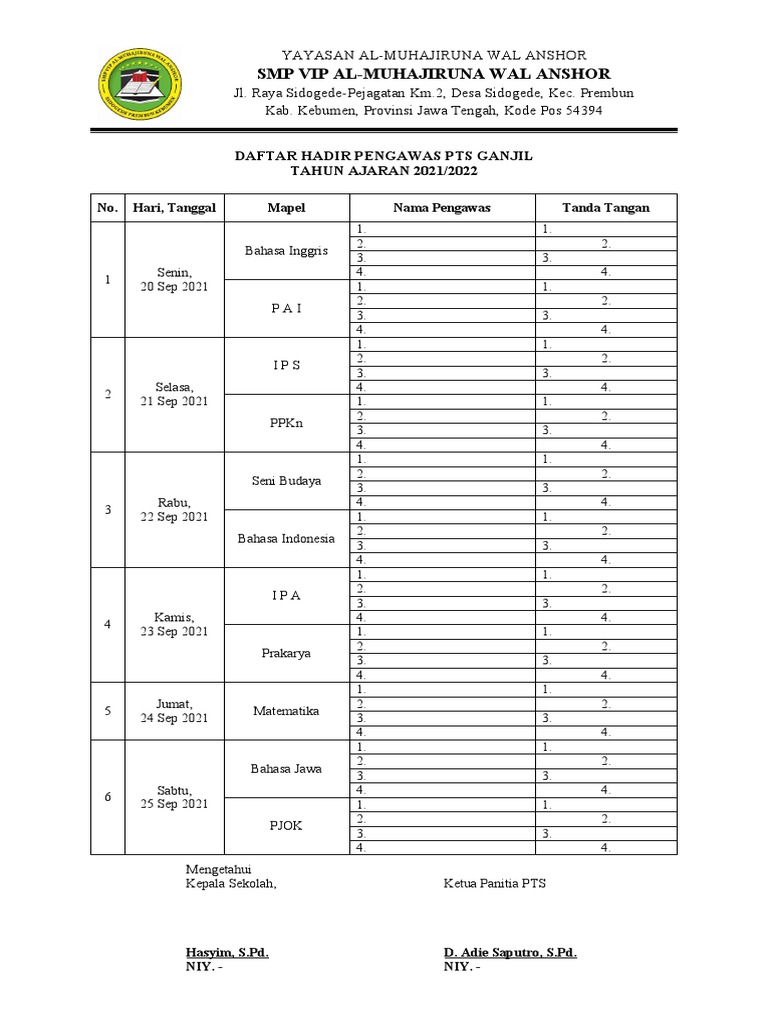 Daftar Hadir Pengawas PTS | PDF