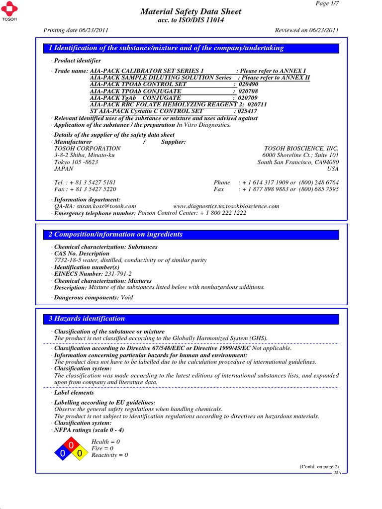 AIA-PACK Calibrator Set Safety Data Sheet | PDF | Dangerous Goods ...