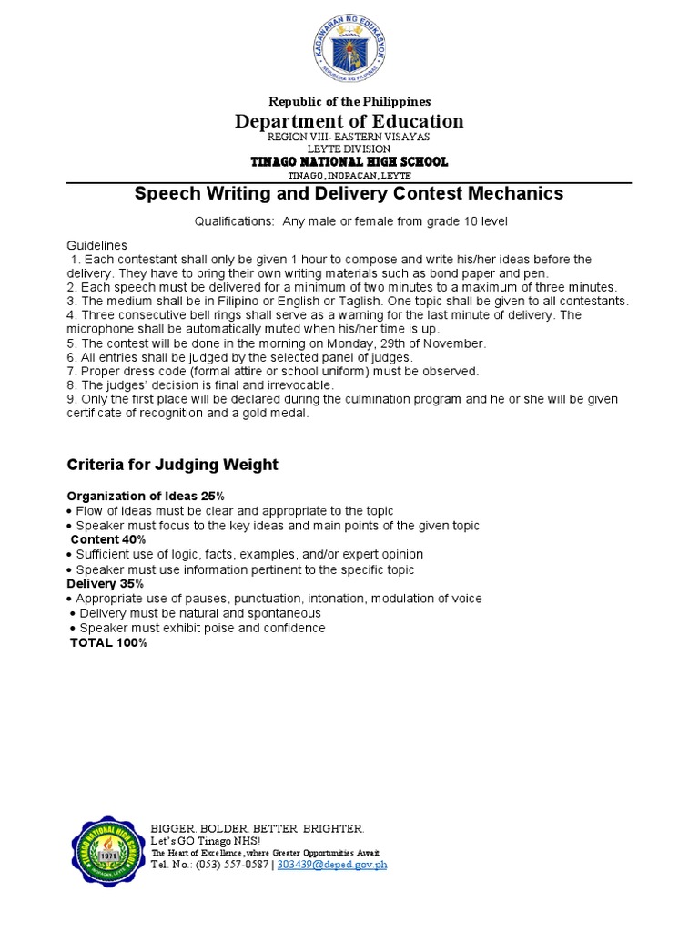 Speech Writing and Delivery Contest Mechanics and Criteria | PDF