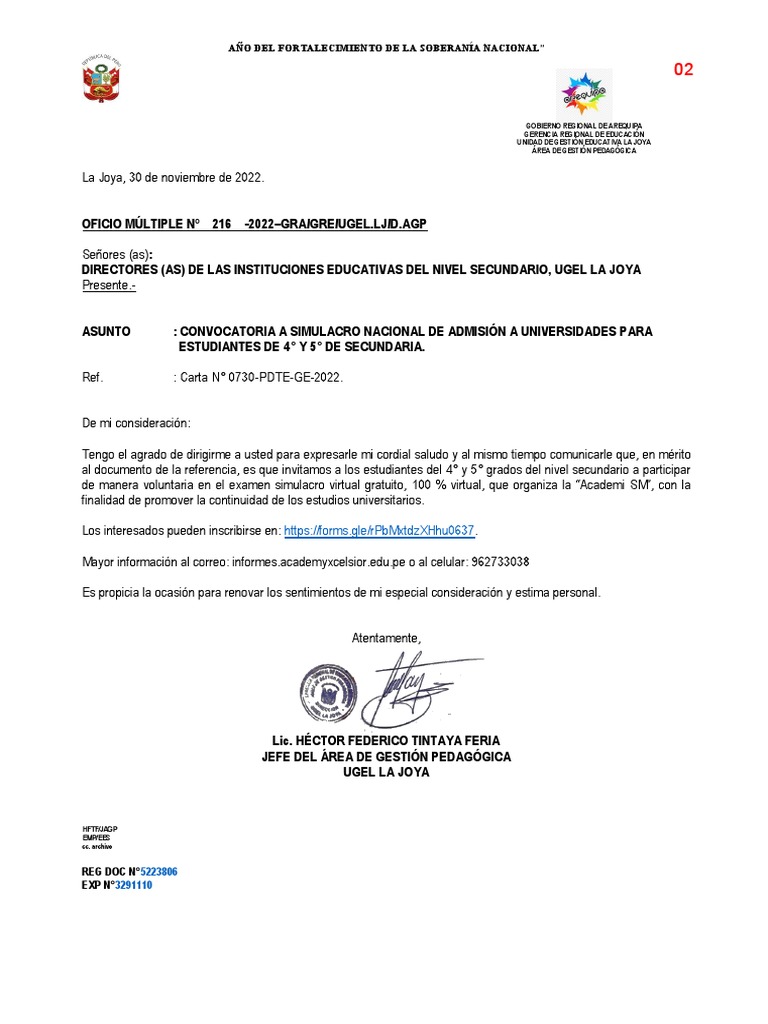 Ofico Multiple nc2b0 216 Simulacro Examen La Joya Exp C | PDF