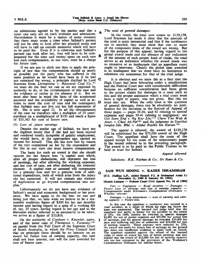 (Loss of Earning) SAM WUN HOONG V KADER IBRAMSHAH | PDF