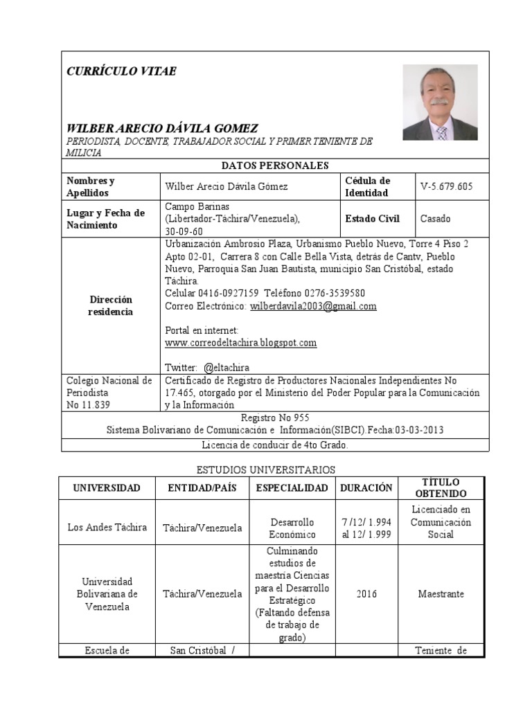 Resumen Currículo Vitae Completo de Wilber Arecio Dávila Gómez | PDF ...