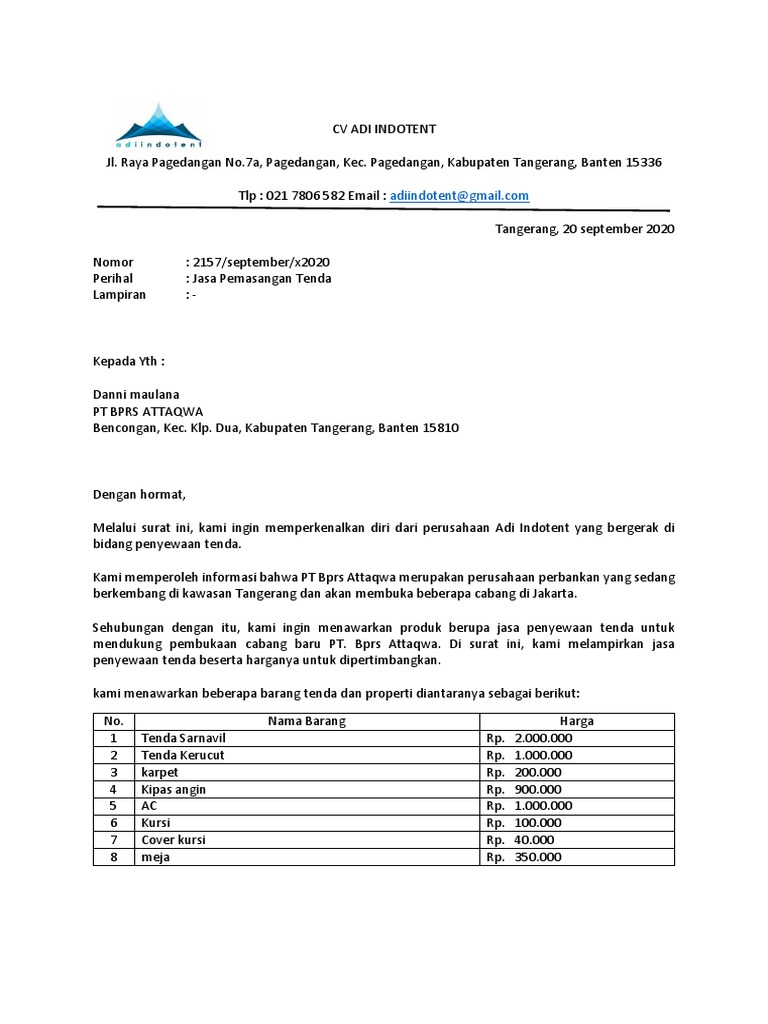 Contoh Surat Penawaran Barang | PDF