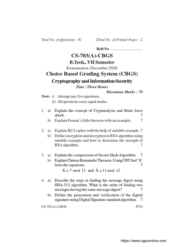 Cs 703 A Cryptography and Information Security Dec 2020 | PDF | Cryptography | Securities