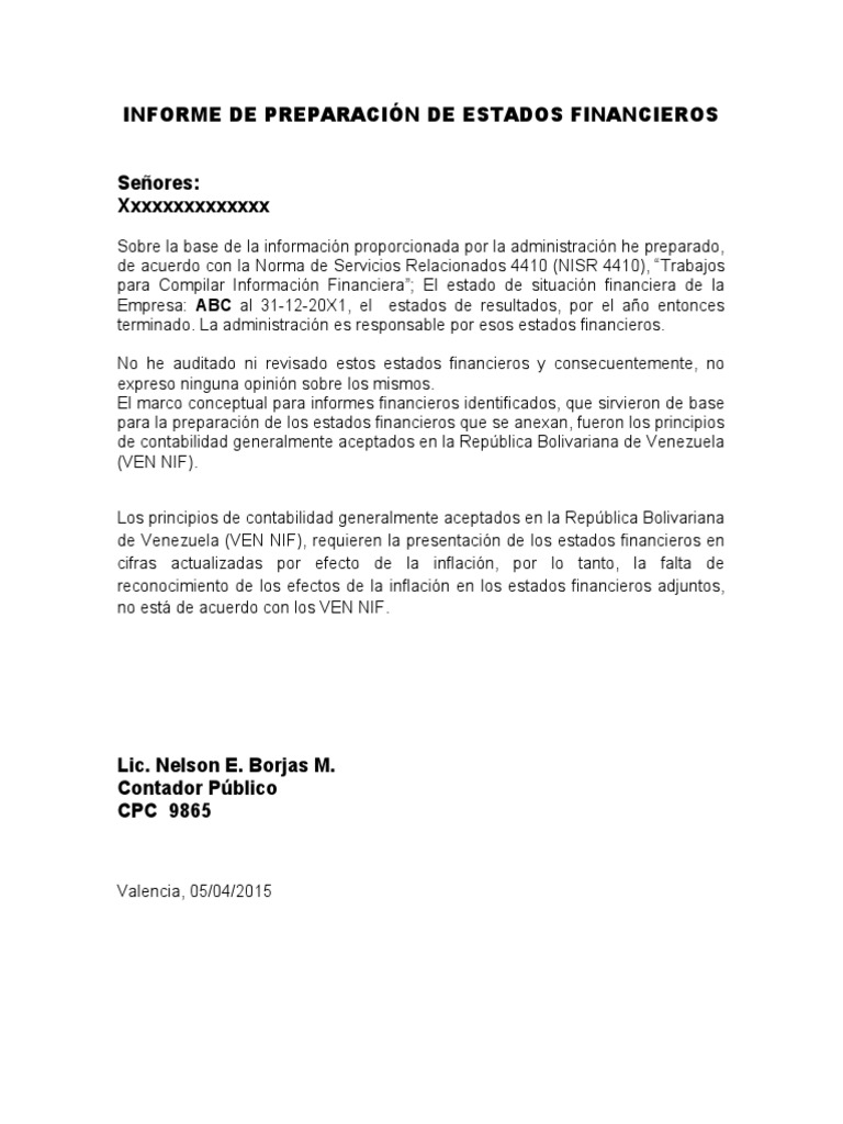 INFORME DE PREPARACIÓN DE ESTADOS FINANCIEROS Nuevo | PDF