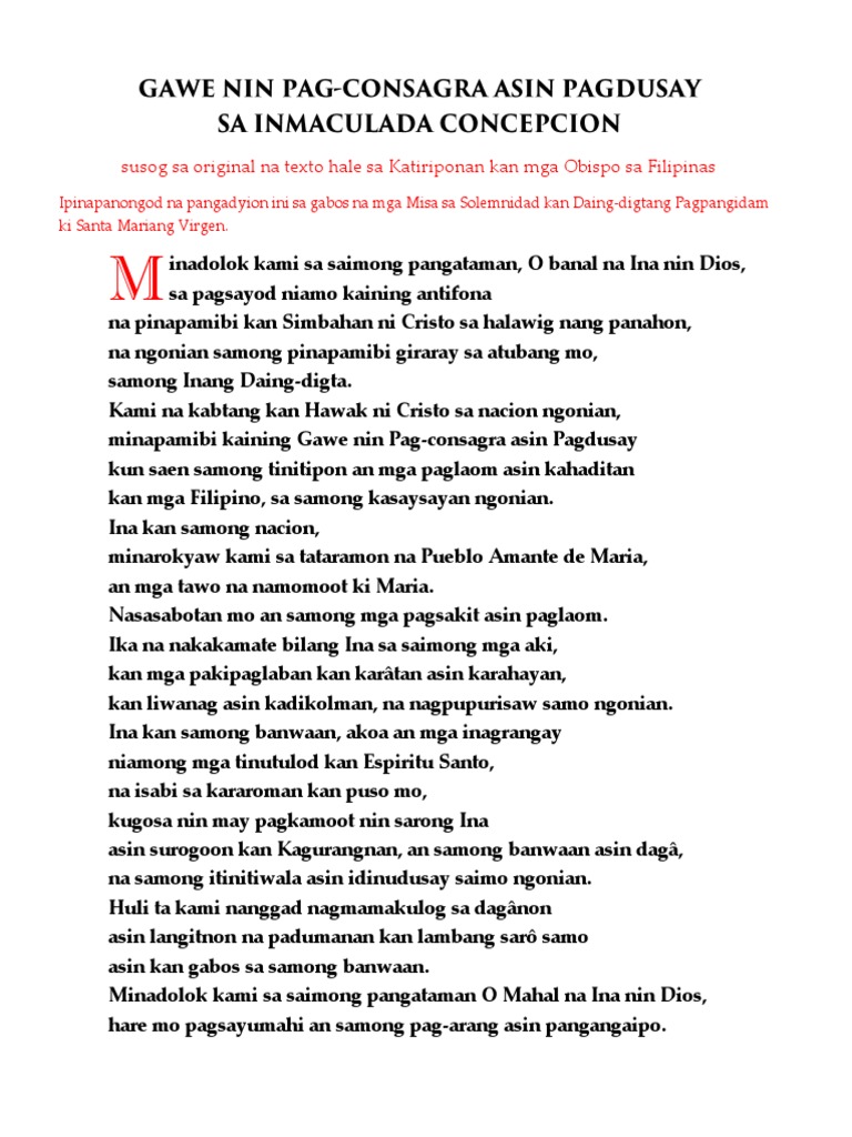 Gawe Nin Pag-Consagra Asin Pagdusay Sa Inmaculada Concepcion | PDF