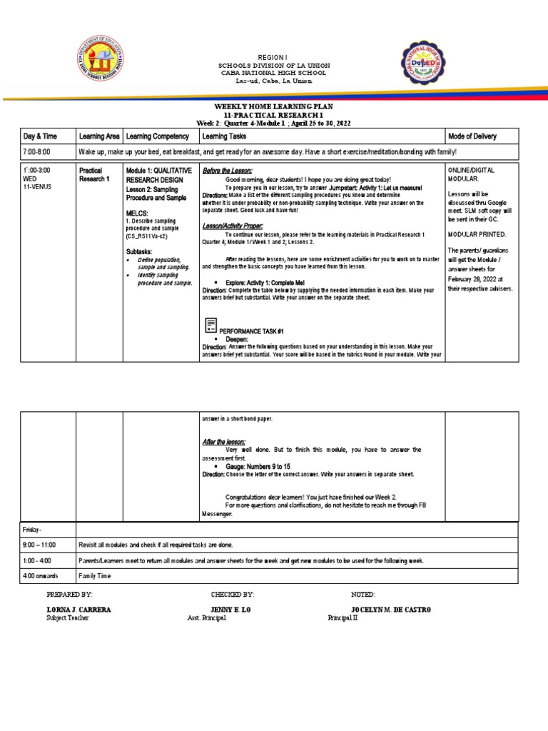 Weekly Learning Plan: Practical Research 1 | PDF | Cognitive Science ...