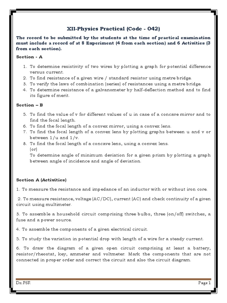 XII Practical Lab Manual (2022 - 2023) | PDF | Electrical Network | Electrical Engineering