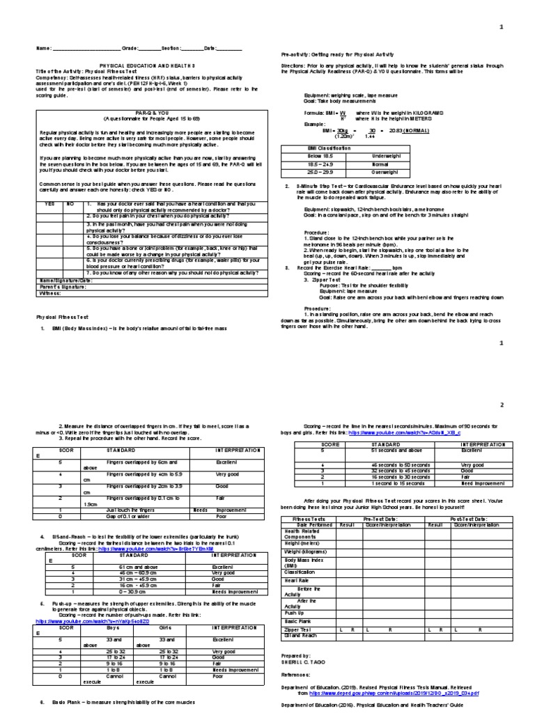 Worksheet1 Pe3 | PDF | Body Mass Index | Heart Rate