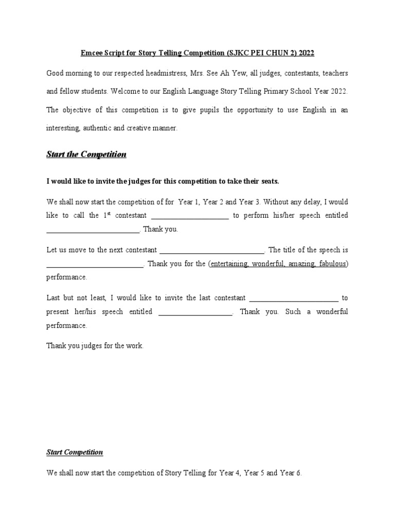 Emcee Script For Nursery Rhymes and Story Telling Competition 2 | PDF