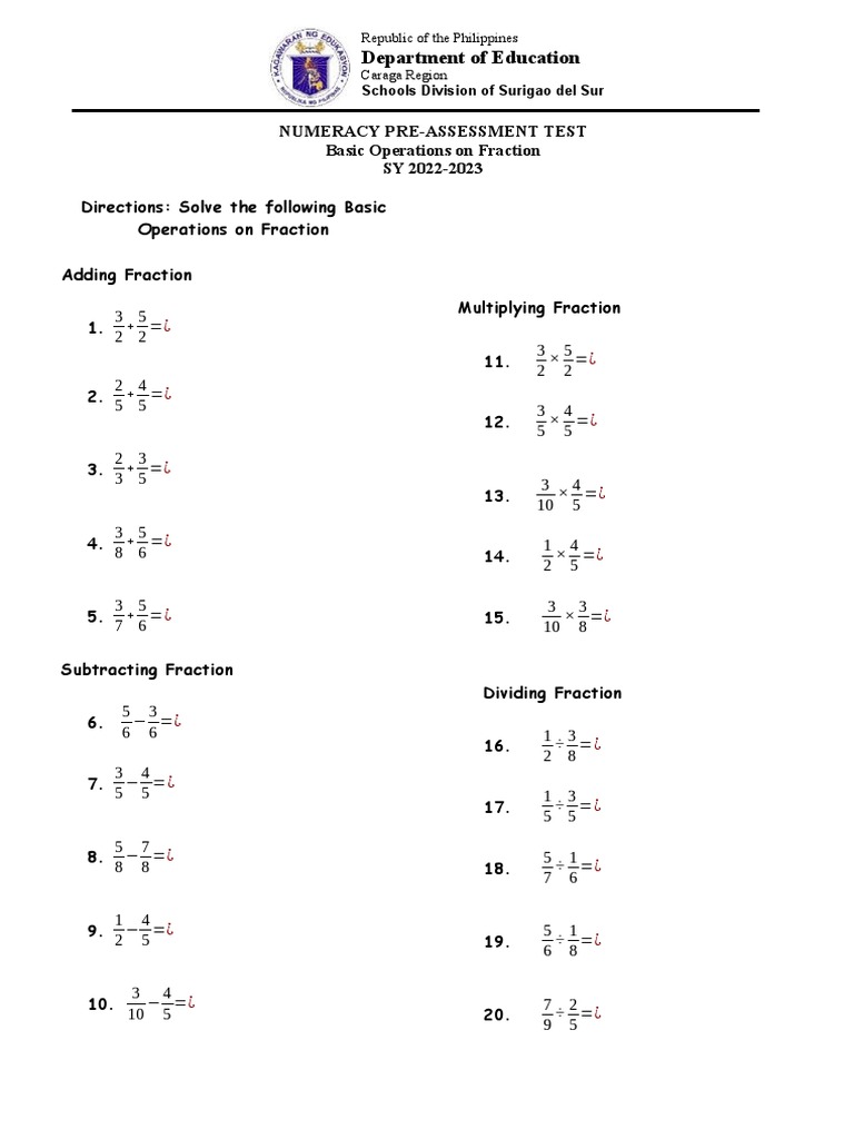 Basic Operations on Fractions Test | PDF | Division (Mathematics ...