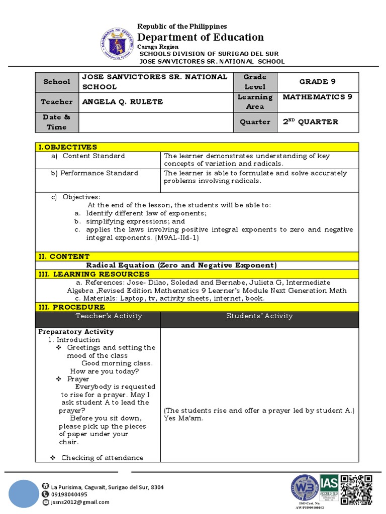 Lesson-Plan CO Math 9 2nd Quarter | PDF