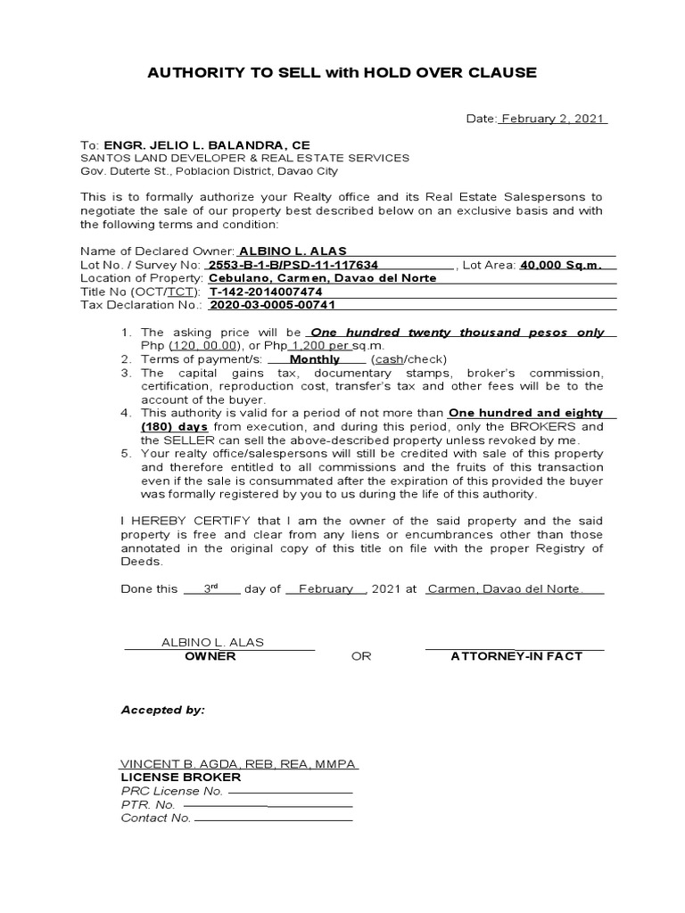AUTHORITY TO SELL With HOLD OVER CLAUSE | PDF