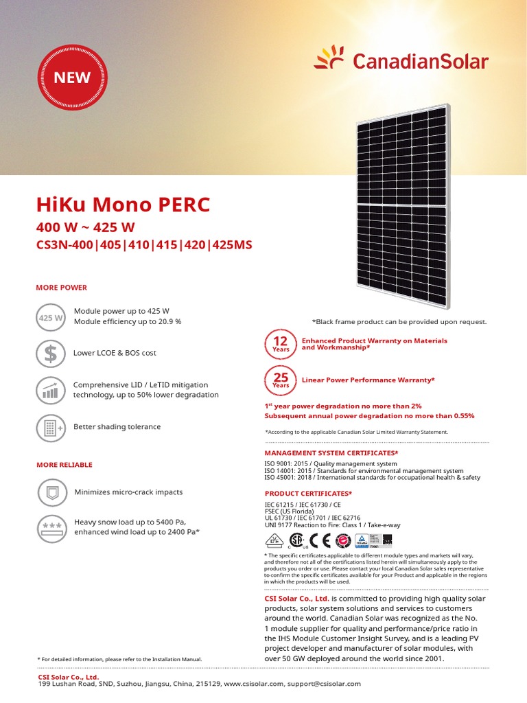 Paneles Canadian Solar-Datasheet-HiKu CS3N-MS en 410Wp | PDF | Solar ...
