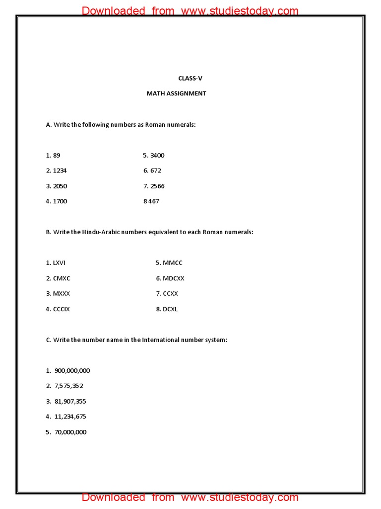 CBSE Class 5 Mathematics Worksheet - Roman Numerals | PDF | Teaching ...