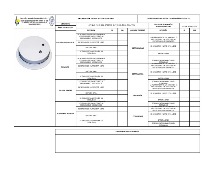 Inspeccion de Detectores de Humo | PDF | Protección activa contra ...