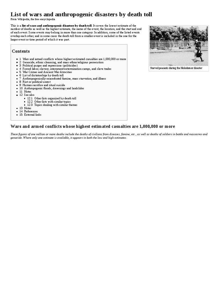 List of Wars and Anthropogenic Disasters by Death Toll | PDF | Armenian ...