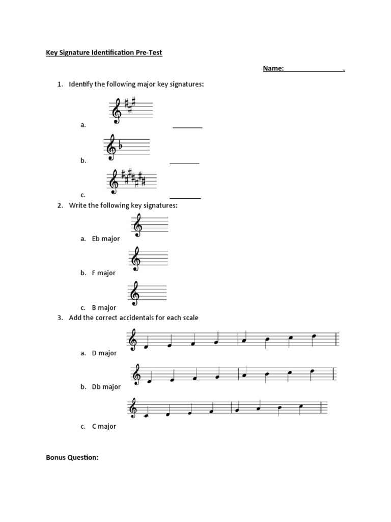 Pre-Test Key Signatures Treble Clef | PDF