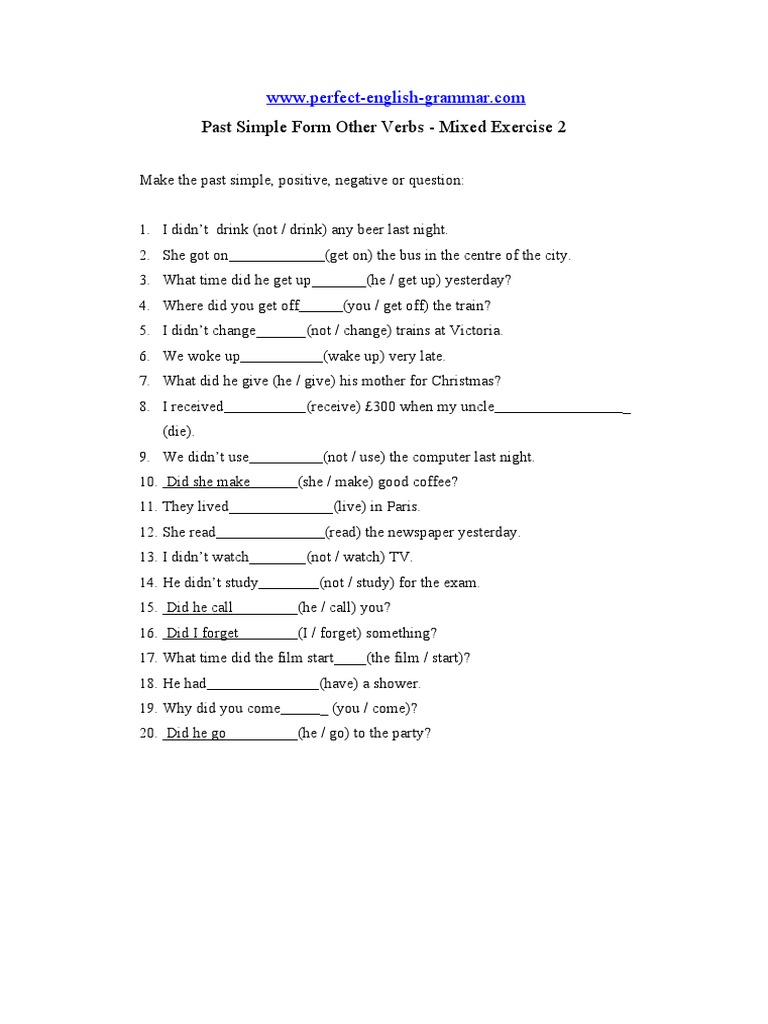 Past Simple Form With Other Verbs Mixed Exercise 2 | PDF