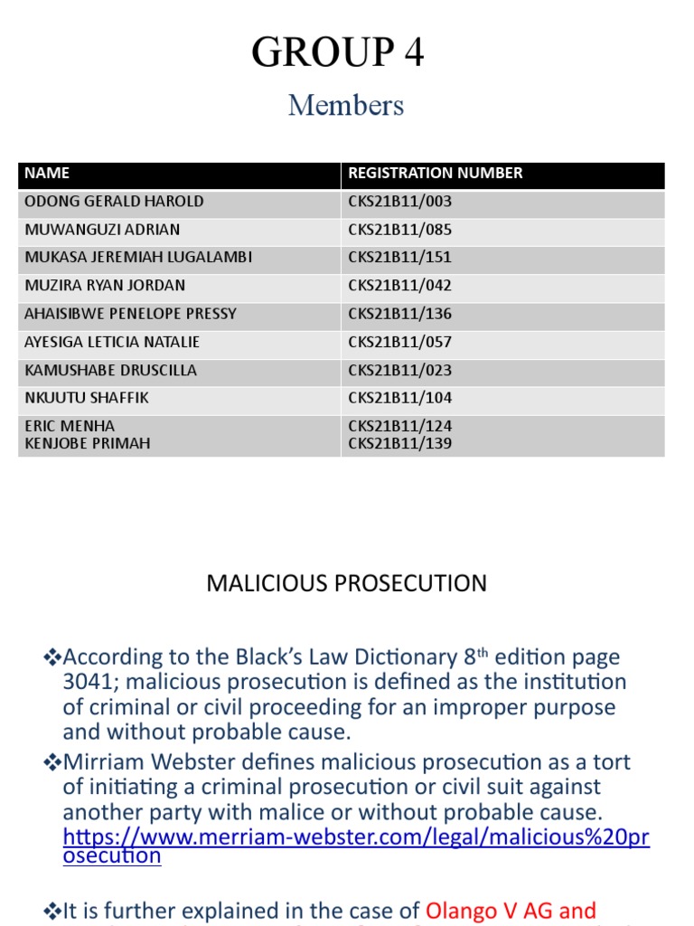 GROUP 4 Malicious Prosecution | PDF | Damages | Malicious Prosecution