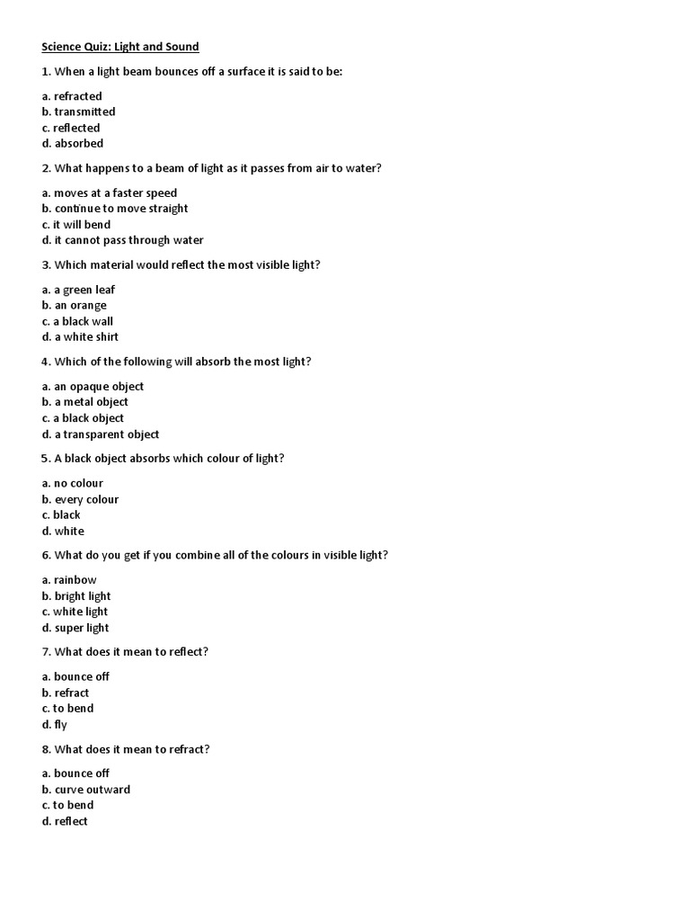 Science Light Sound Quiz | PDF | Light | Frequency