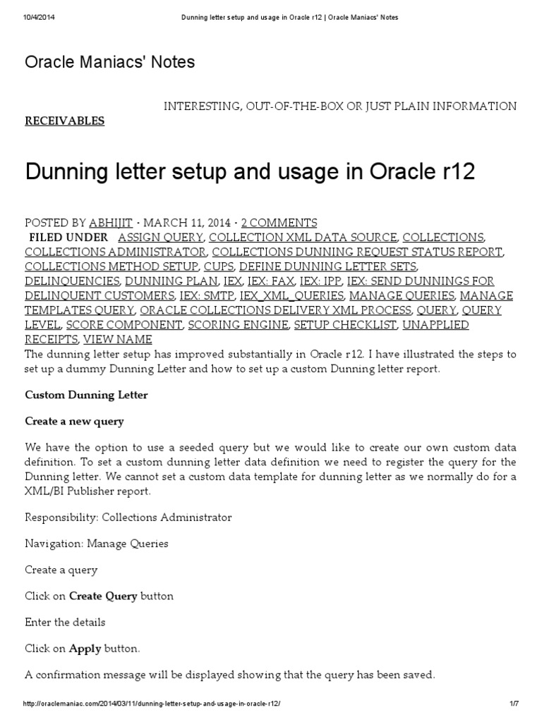 Dunning Letter Setup and Usage in Oracle r12 | PDF | Xml | Computing