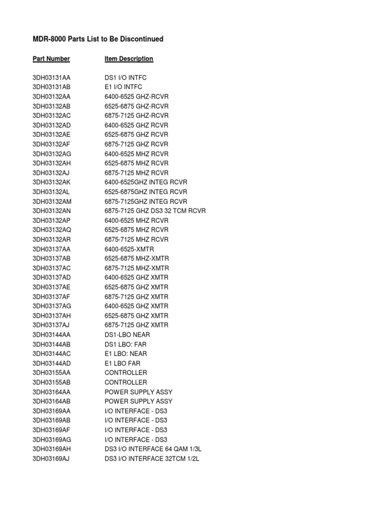 Discontinued MDR-8000 Parts List | PDF