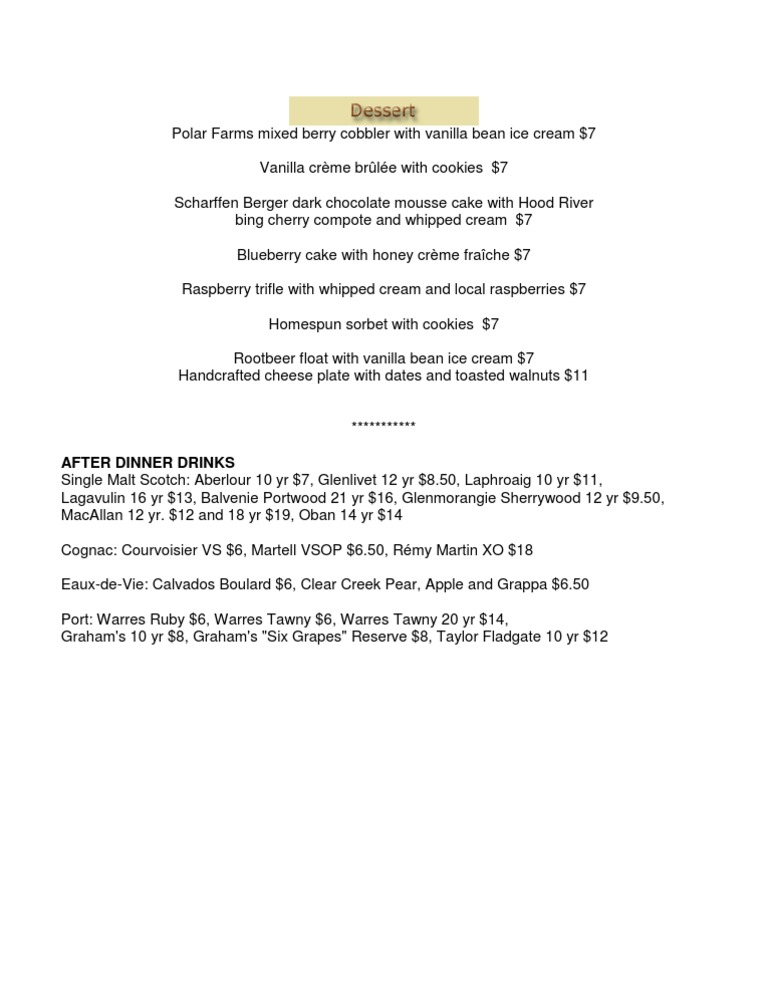 Dessert and After Dinner Drinks Menu | PDF