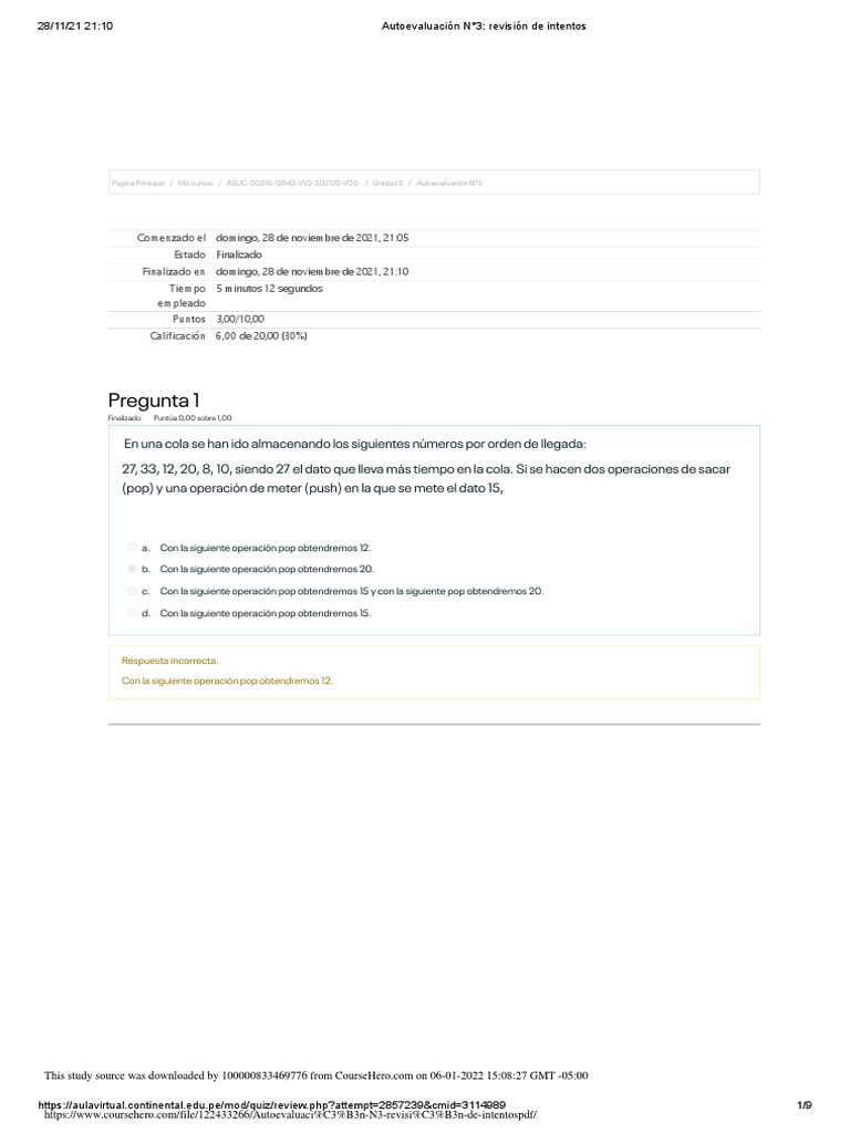 Autoevaluaci N N 3 Revisi N de Intentos PDF | PDF | Cola (tipo de datos abstractos) | Puntero ...