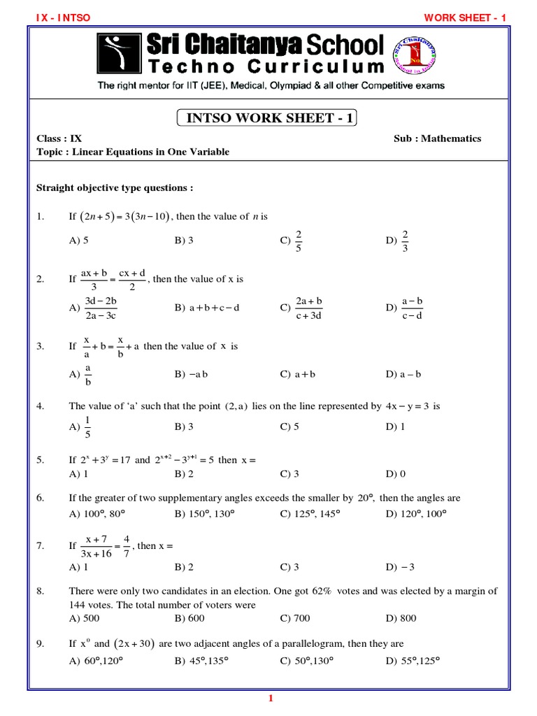 9 - Class INTSO Work Sheet - 1 - Linear Equations | PDF | Equations | Algebra