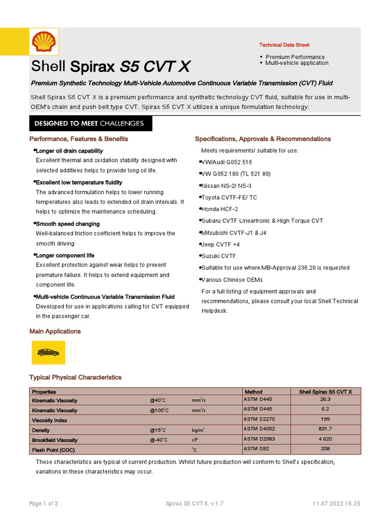 Shell Spirax S5 CVT X: Performance, Features & Benefits Specifications ...