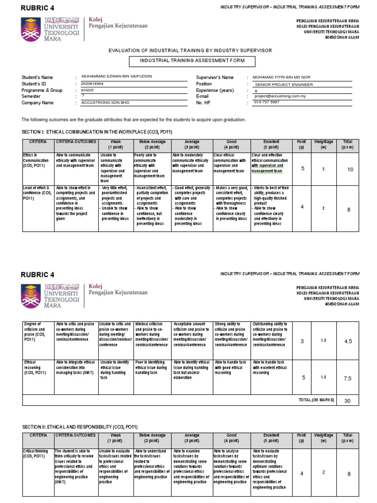 Rubric 4 - Industry Supervisor - Assessment Evaluation Form | PDF | Engineering | Rubric (Academic)
