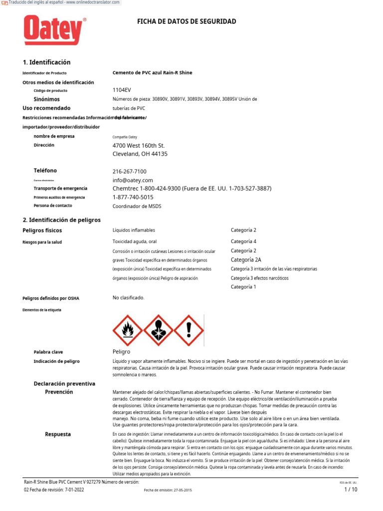 MSDS - Cemento Azul para PVC - Oatey | PDF | Cloruro de polivinilo | Agua