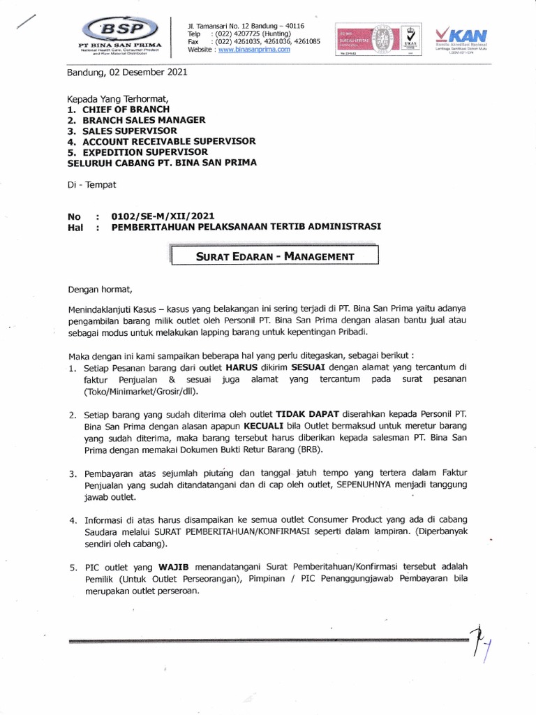 Pemberitahuan Tertib Administrasi PT. Bina San Prima | PDF