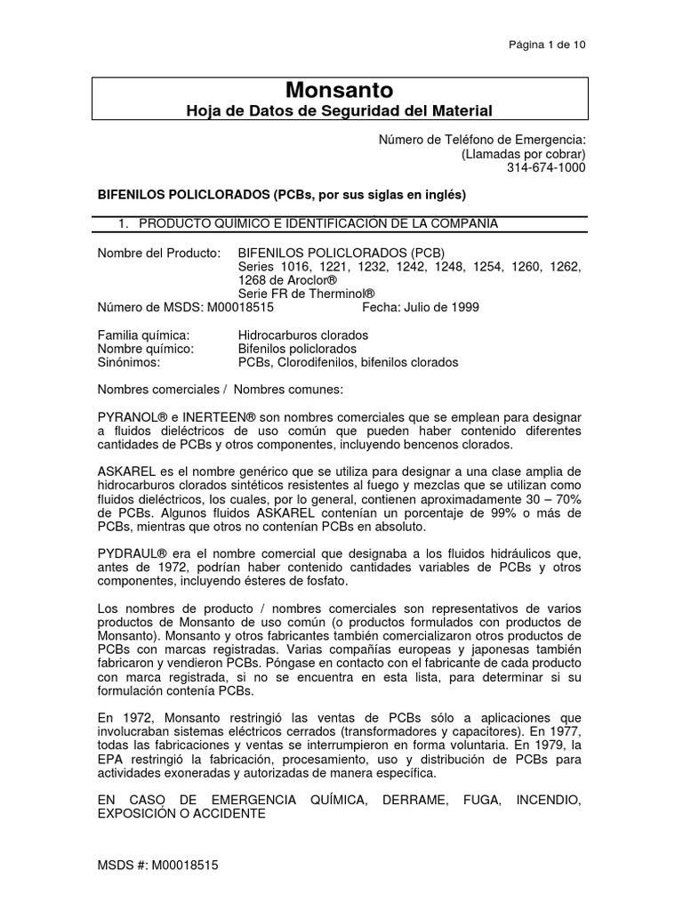 MSDS - PCB - Pyranol | PDF | Bifenilo policlorado | Agua