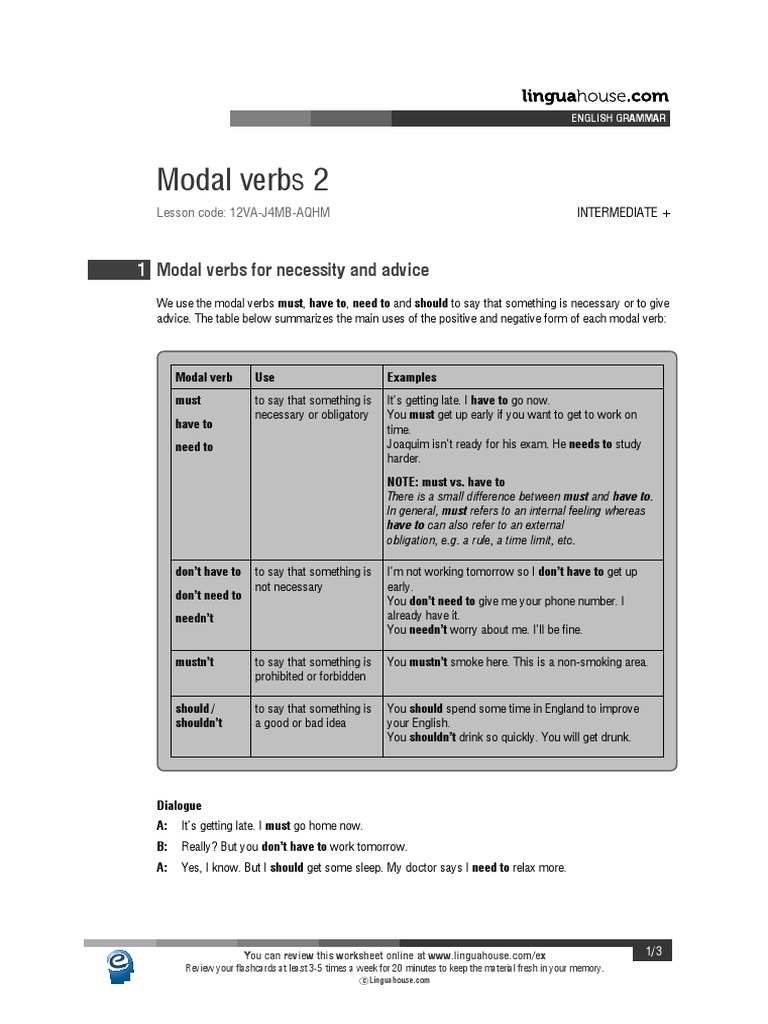 Modal Verbs 2 Necessity and Advice British English Student BW | Download Free PDF | English ...