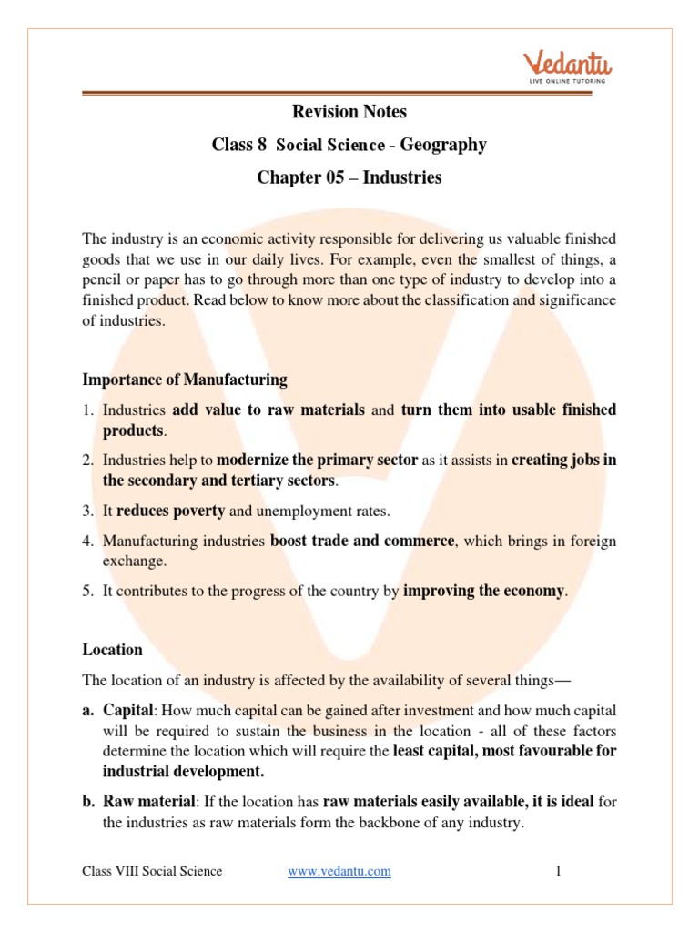 CBSE Class 8 Geography Chapter 5 Notes - Industries | PDF | Cotton ...