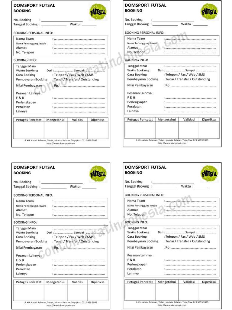 Contoh Nota Booking Futsal Bukti Pemesanan Lapangan Folio Dibagi 4 | PDF
